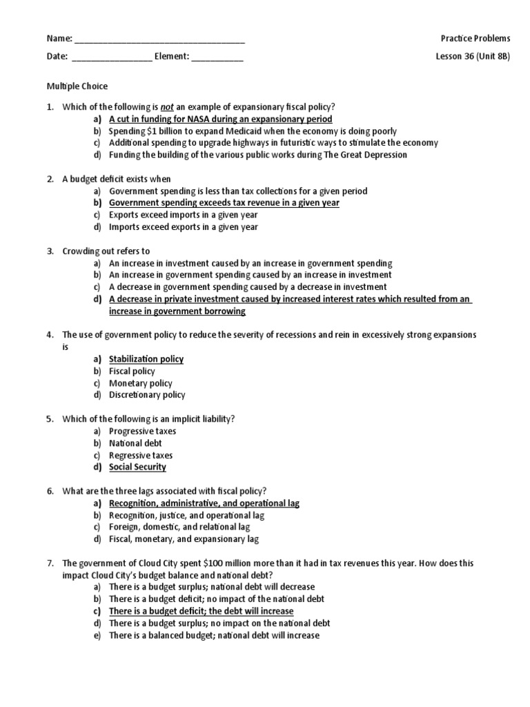 Lesson 36 (Unit 8b) Practice | PDF | Government Budget Balance | Fiscal ...