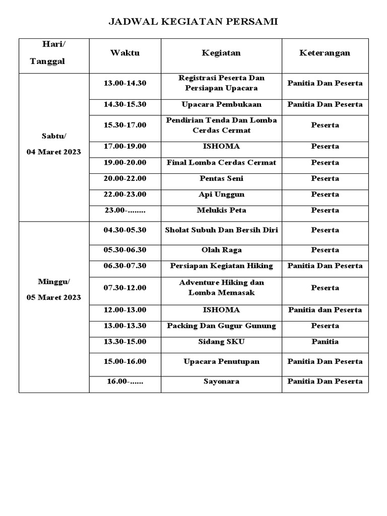 Jadwal Kegiatan Persami | PDF