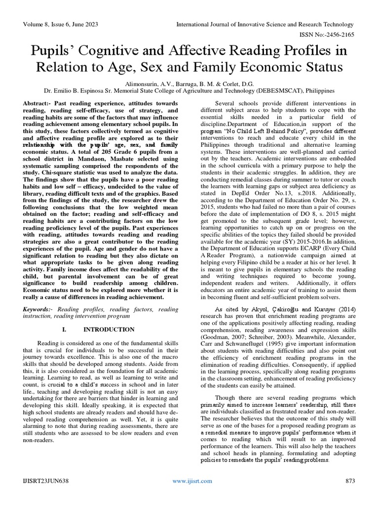 Pupils Cognitive And Affective Reading Profiles In Relation To Age