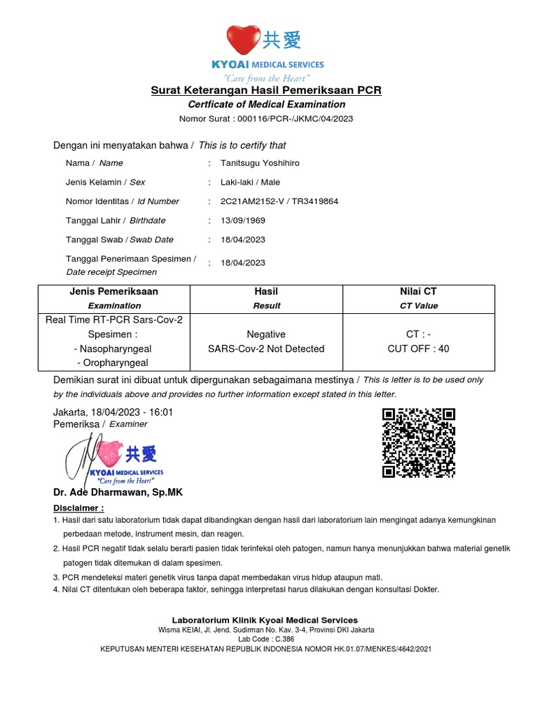 Surat Keterangan Hasil Pemeriksaan PCR: Certficate of Medical ...