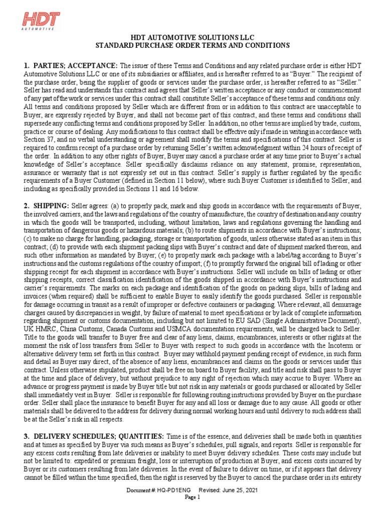 HDT Terms Conditions of Purchase | PDF | Intellectual Property | Insurance