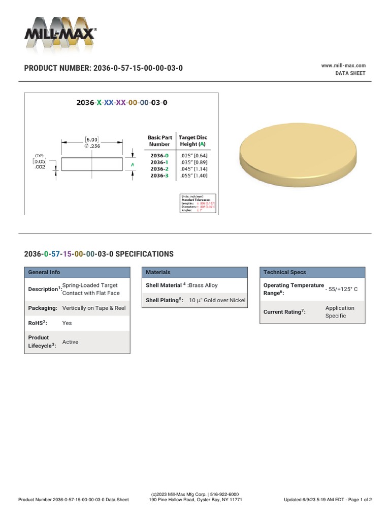PRODUCT NUMBER: 2036-0-57-15-00-00-03-0: Data Sheet | PDF | Engineering Tolerance | Physical ...
