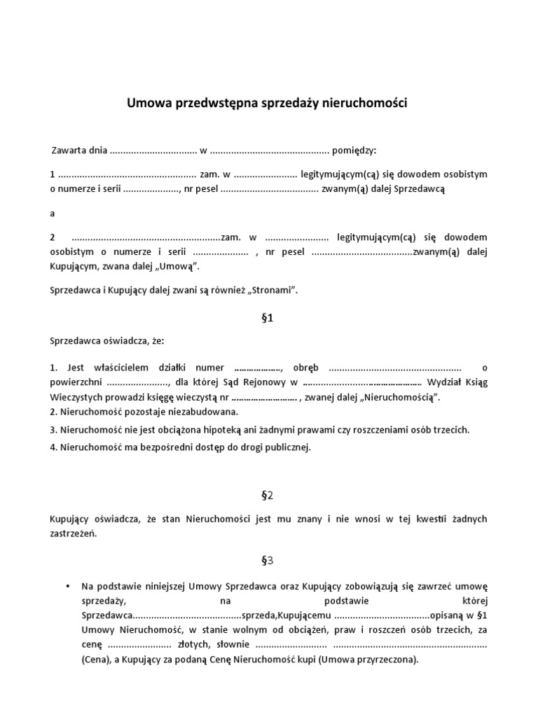 Umowa Przedwstepna Sprzedazy Gruntu Poprawiona | PDF