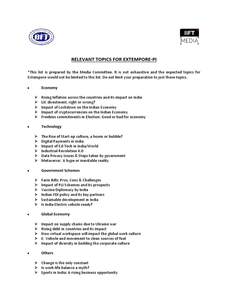 IIFT Extempore Relevant Topics | PDF