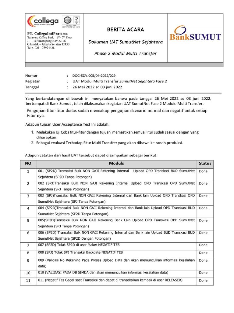 BA UAT Multi Transfer - SumutNet Fase 2-1 | PDF
