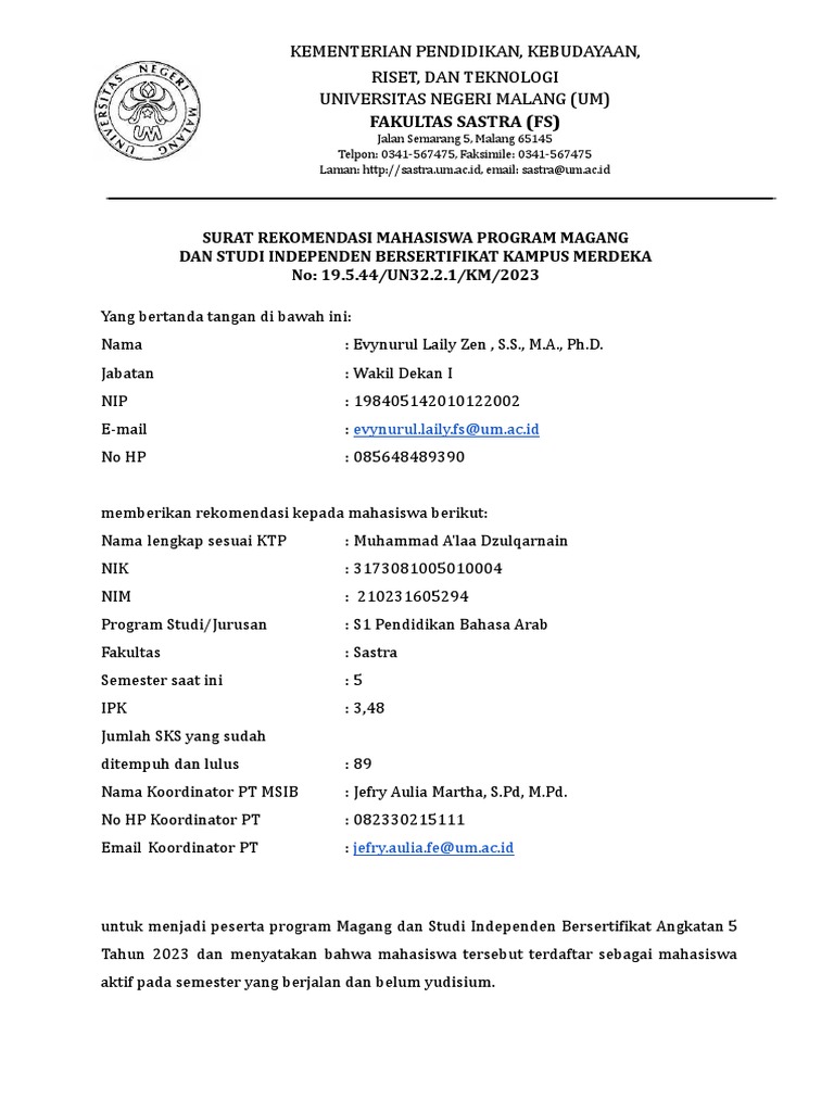 Surat Rekomendasi MSIB Fakultas Sastra | PDF