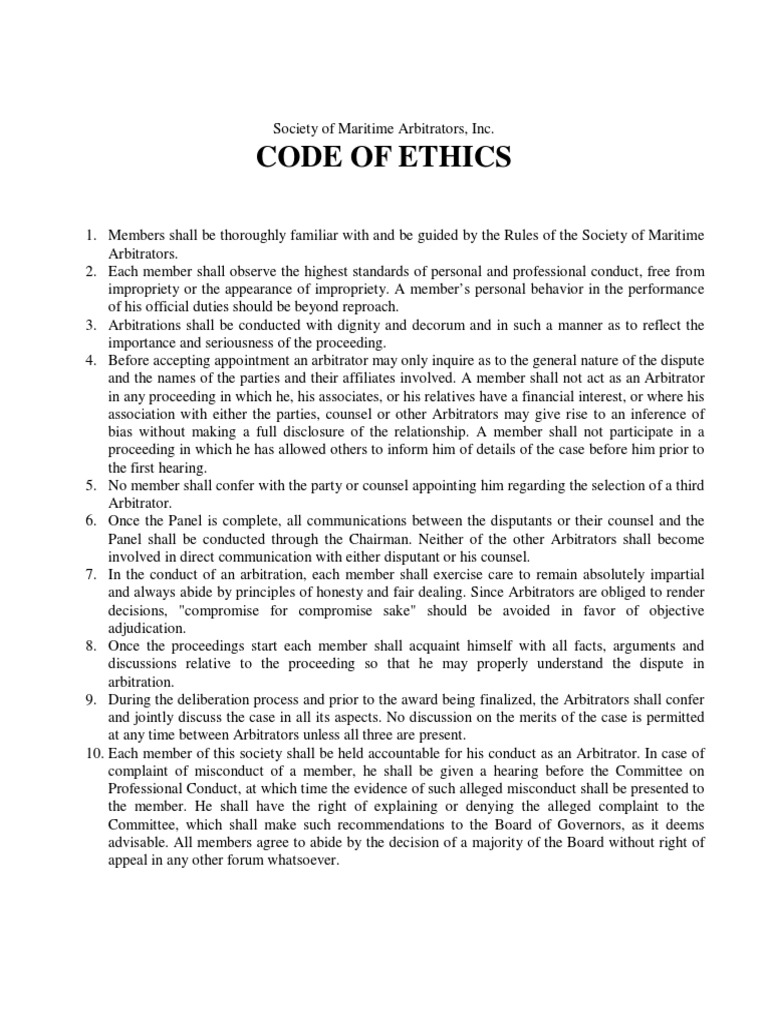 Sma Arbitrators Code of Ethics | PDF | Arbitral Tribunal | Arbitration
