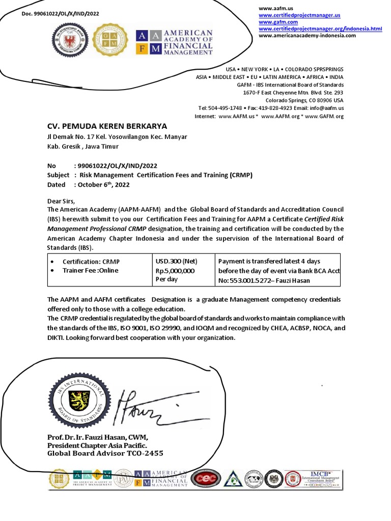 CRMP Certification Fees and Training | PDF | Regulation | Educational ...