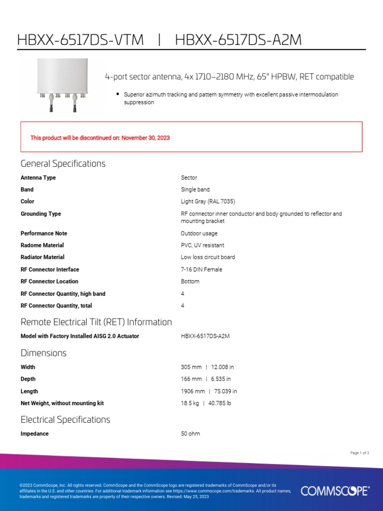 HBXX-6517DS-VTM Product Specifications | PDF | Antenna (Radio ...