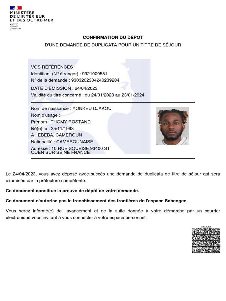 Confirmation Demande Titre Sejour 9921000551 20230424 | PDF