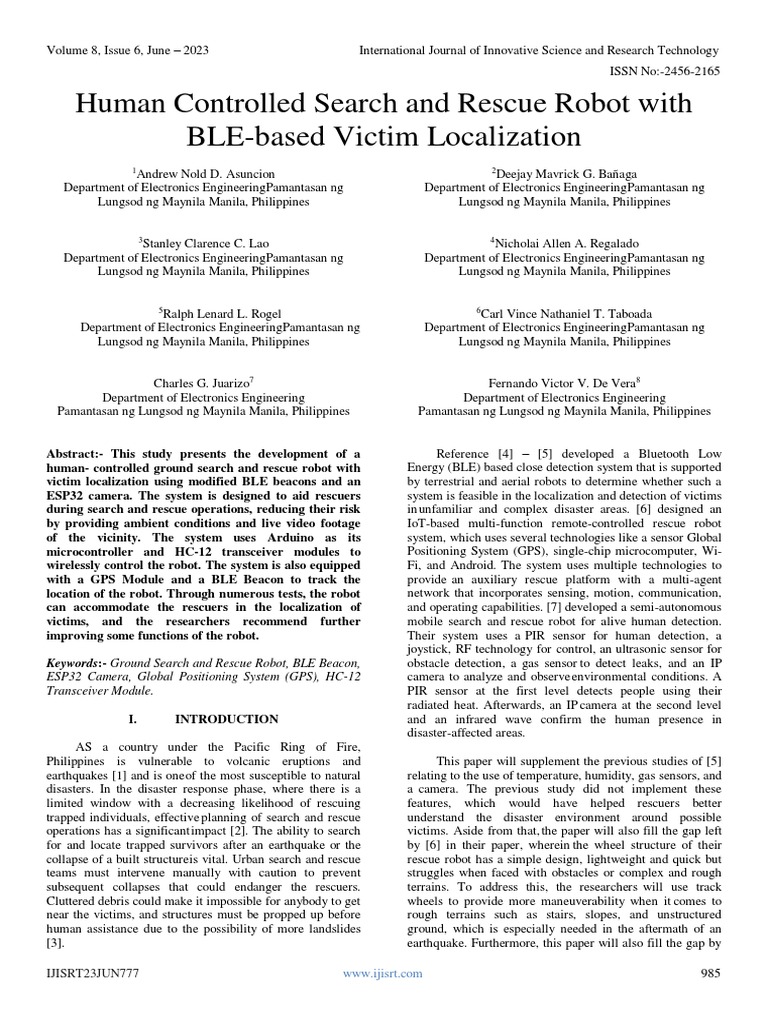 Human Controlled Search and Rescue Robot With BLE-based Victim Localization | Download Free PDF ...