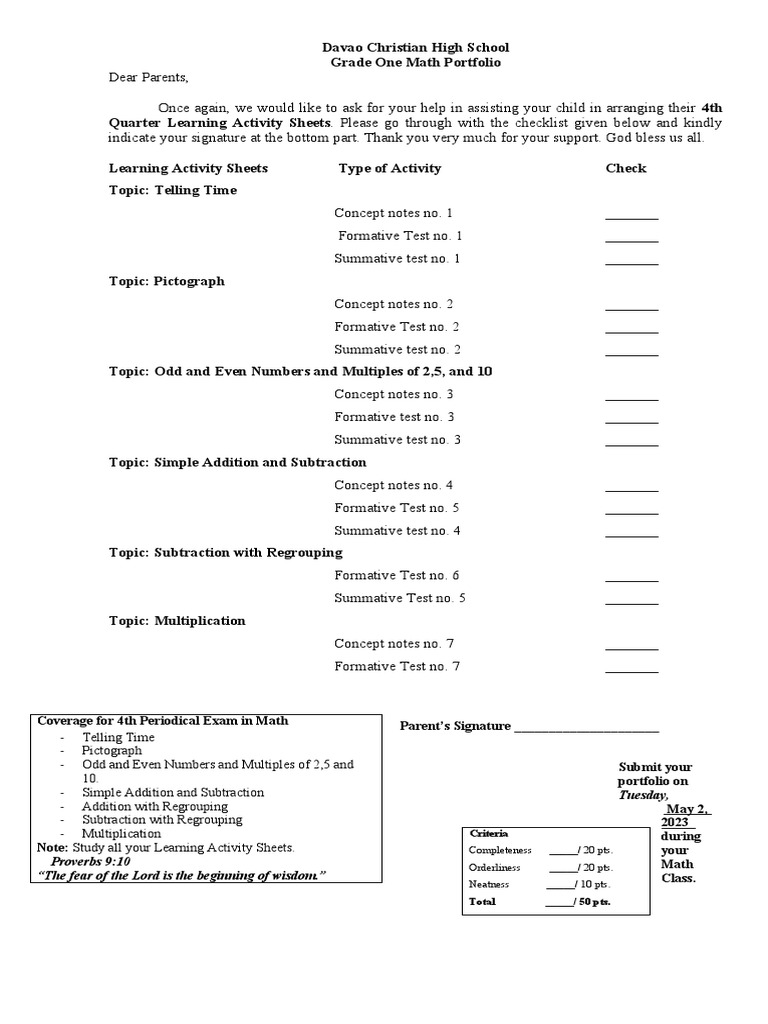 Checklist Grade One Math | PDF