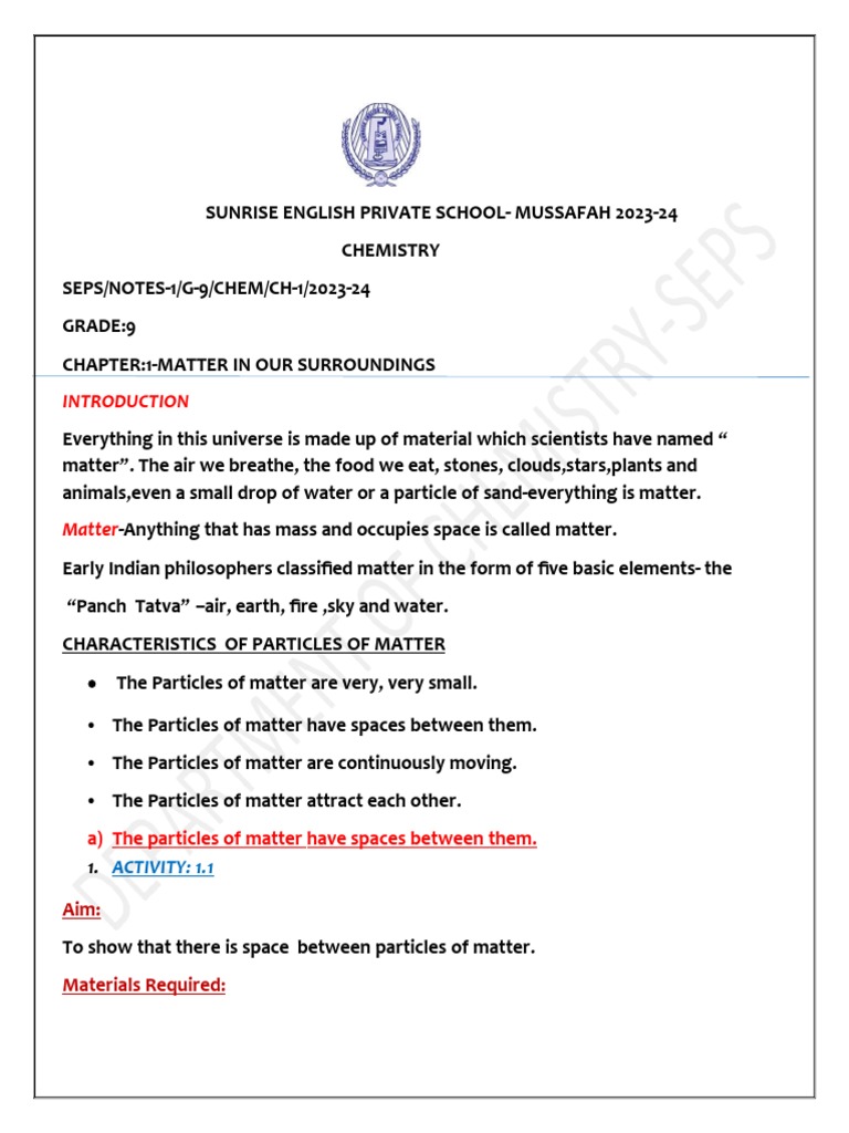 Grade 9-Chem-Ch-1-Notes-1 | PDF | Evaporation | Latent Heat