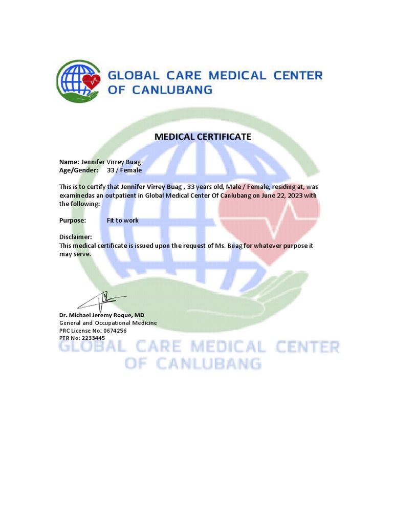 Medical Certificate for Fit to Work | PDF | Wellness