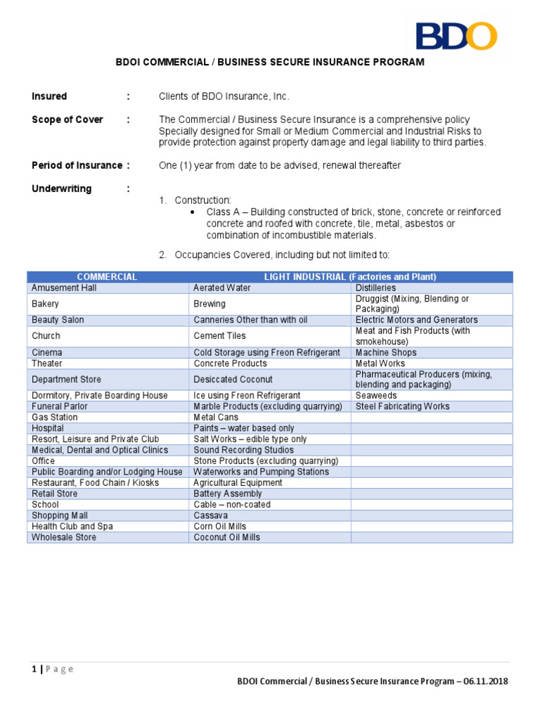 Annex B - Bdoi Par Facility Business Secure | PDF | Insurance ...