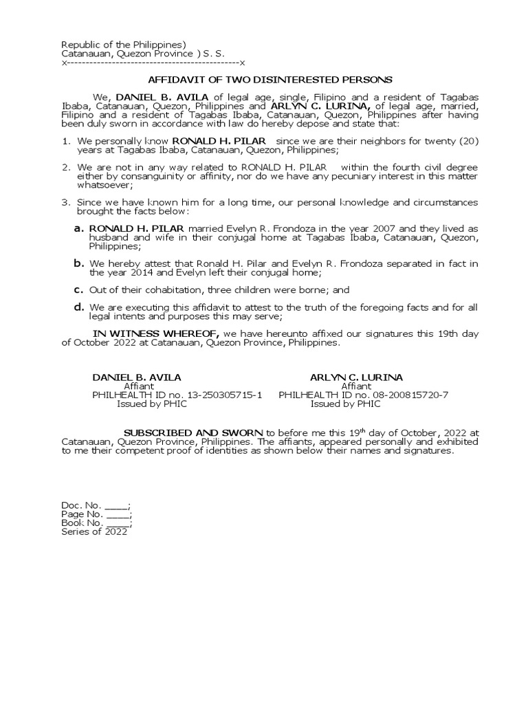 Affidavit of 2 Disinterested Persons Separation - Avila | PDF