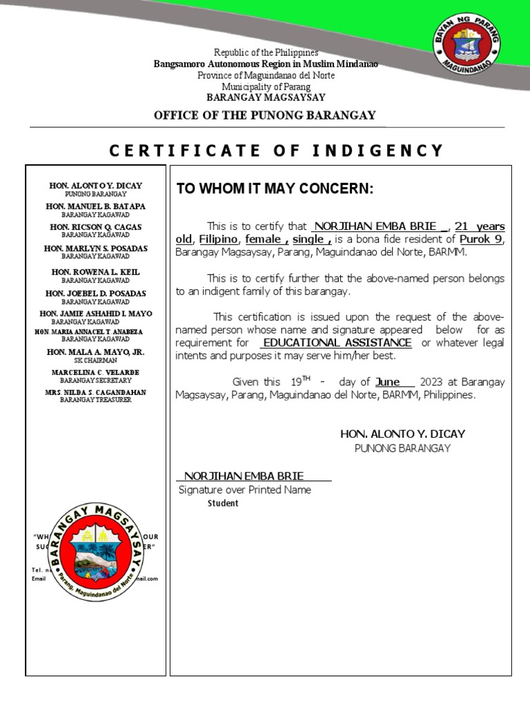 Certificate of Indigency for Assistance | PDF | Philippines
