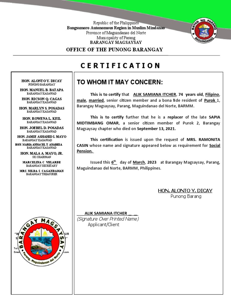 Certification - Senior Citizen Concern - New Format 2023 | PDF | Philippines