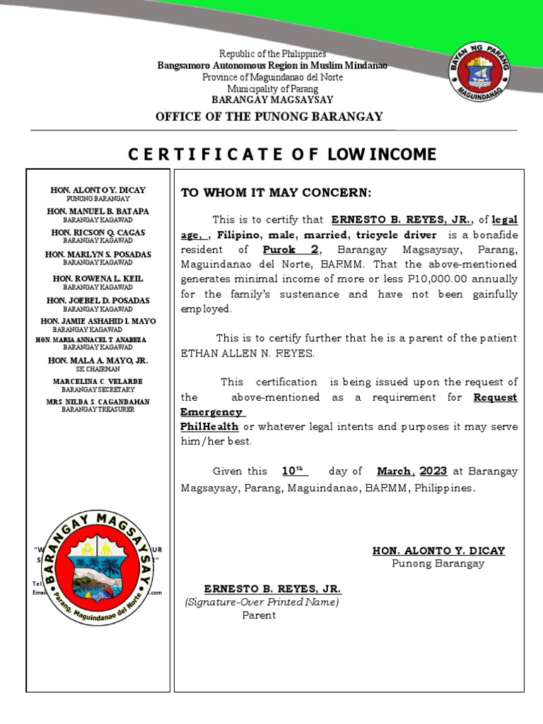 Certificate of Low Income Sample | PDF | Philippines