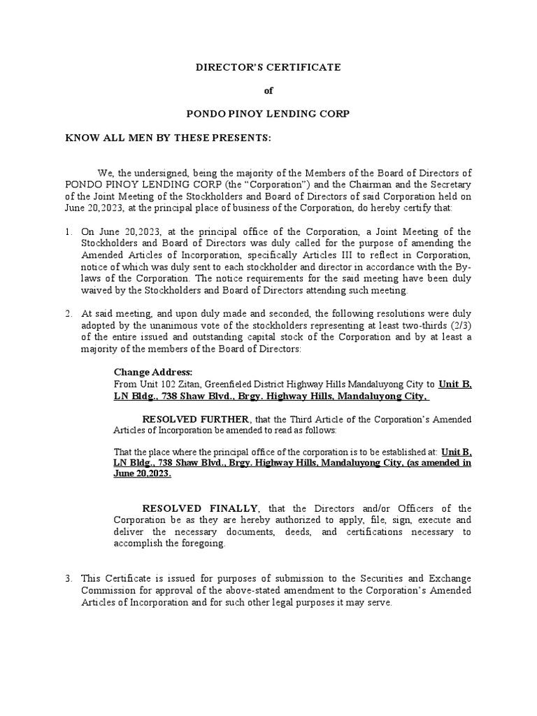 Pondo Pinoy Lending Corp Address Change | PDF | Corporations | Board Of ...