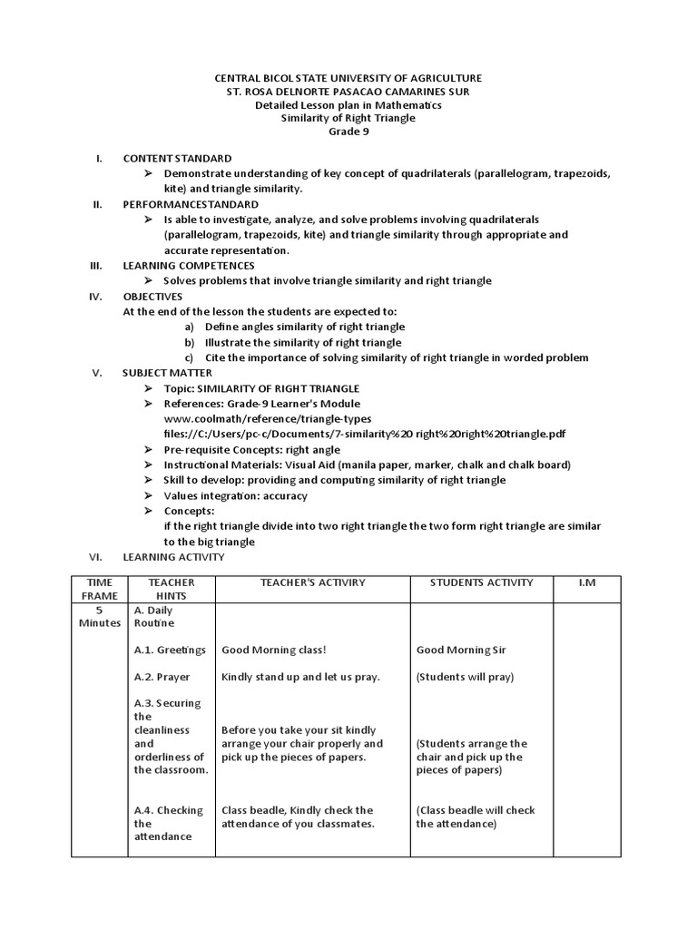 Grade 9 Similarity of Right Triangle | PDF | Triangle | Behavior ...
