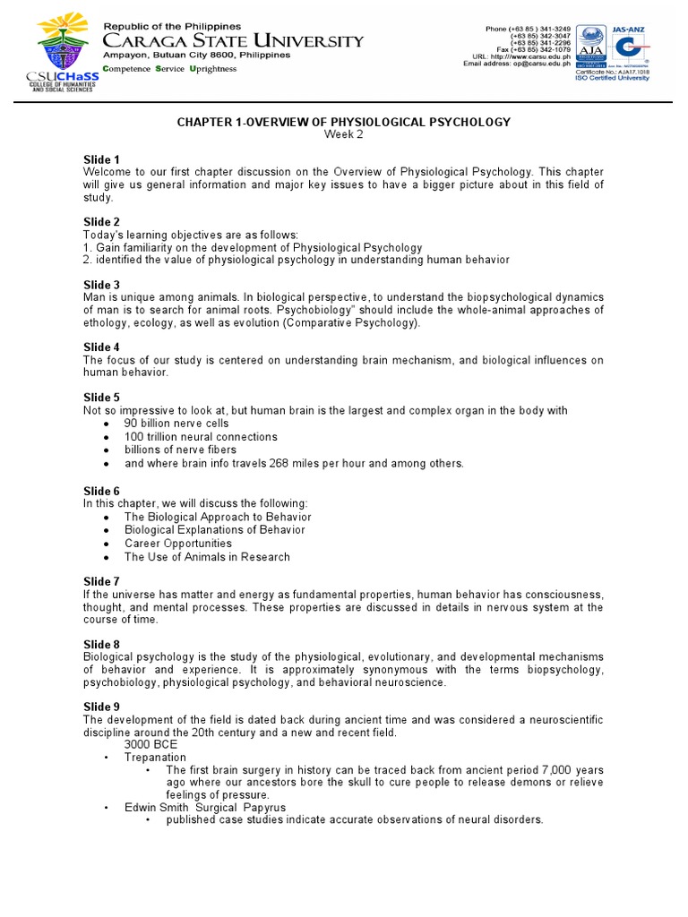 Script-Overview of Physiological Psychology | PDF | Behavioral Neuroscience | Brain