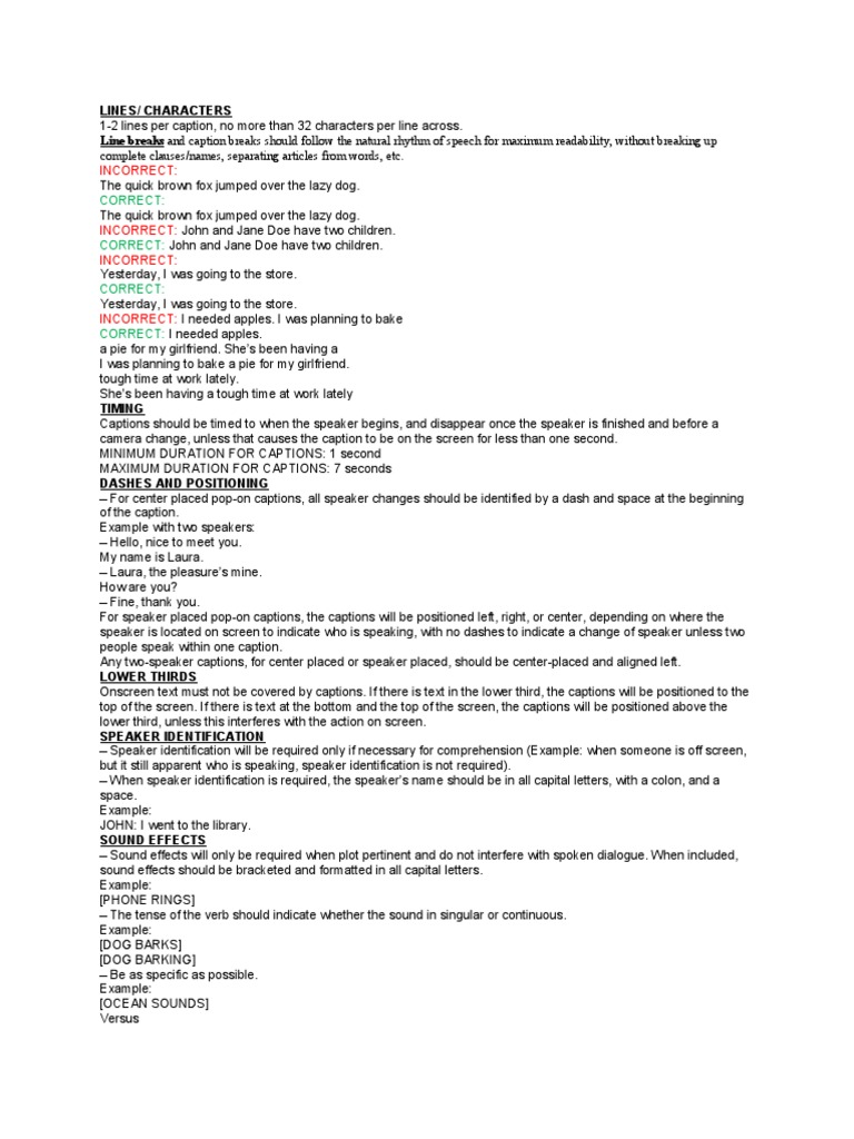 Guide: Captioning Guidelines | PDF | Ellipsis | Quotation Mark