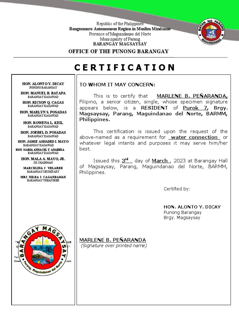 Certification For Proof of Address - Senior | PDF | Philippines