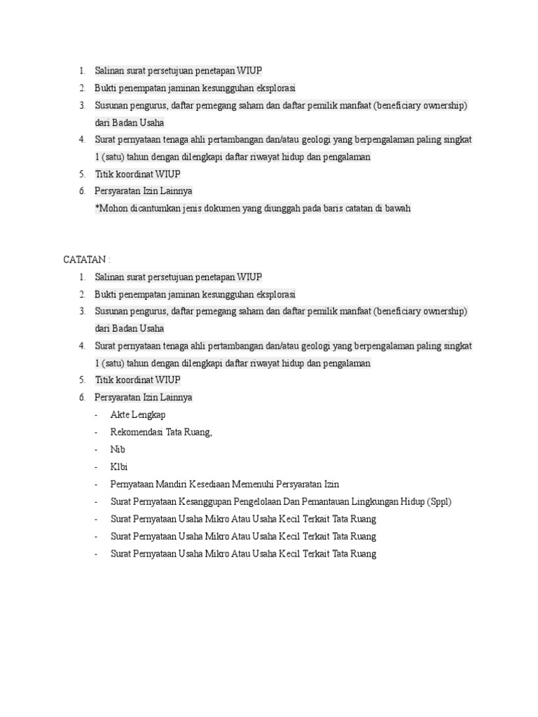 List Berkas Pengajuan IUP | PDF