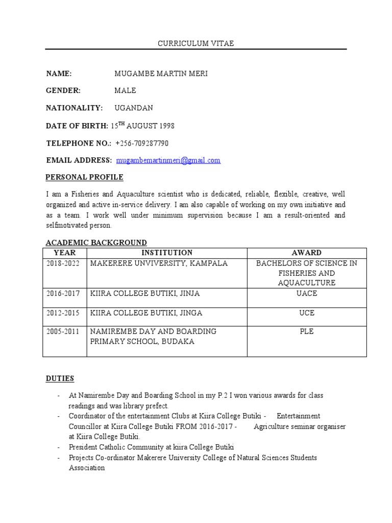 Name: Gender: Nationality: Ugandan Date of Birth: 15 TELEPHONE NO ...