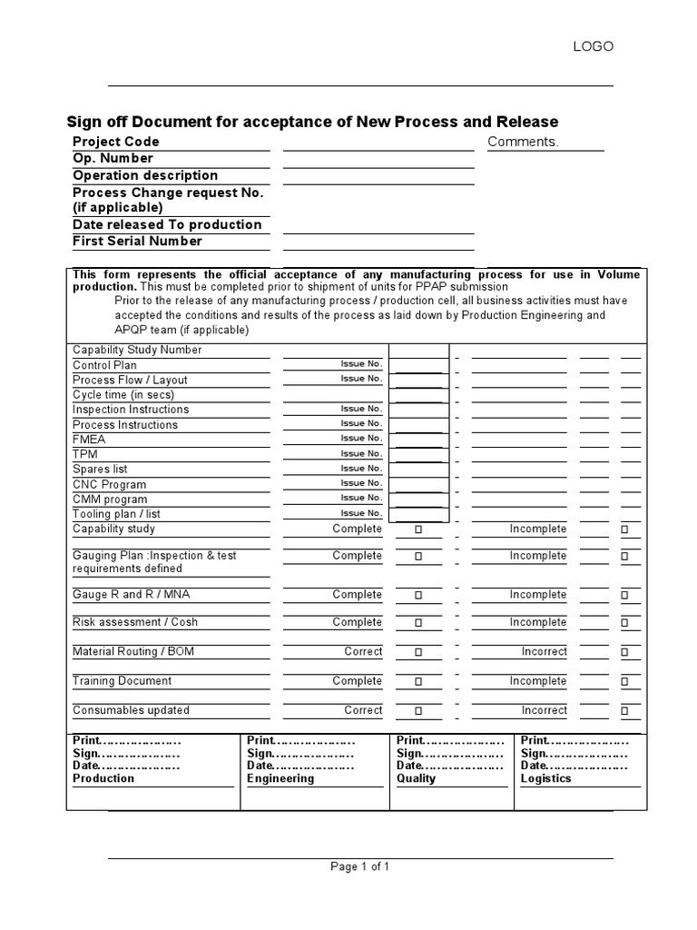 Process Acceptance Sign Off Sheet Dec 2011 | PDF | Engineering ...