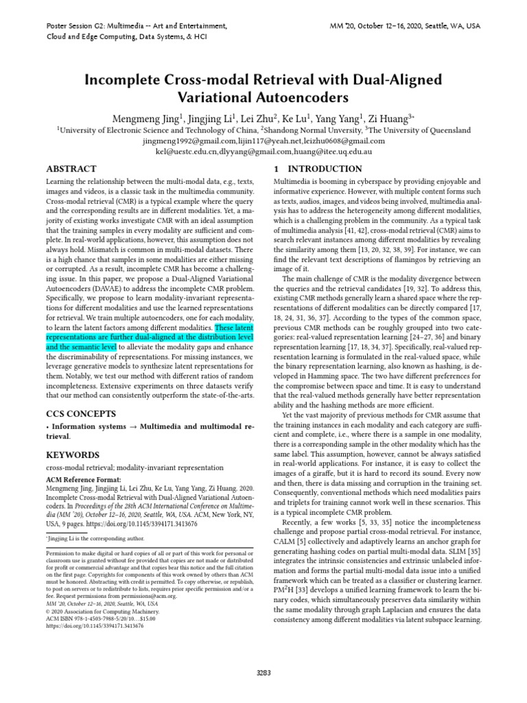 Incomplete Cross-Modal Retrieval With Dual-Aligned Variational Autoencoders | PDF | Cybernetics ...