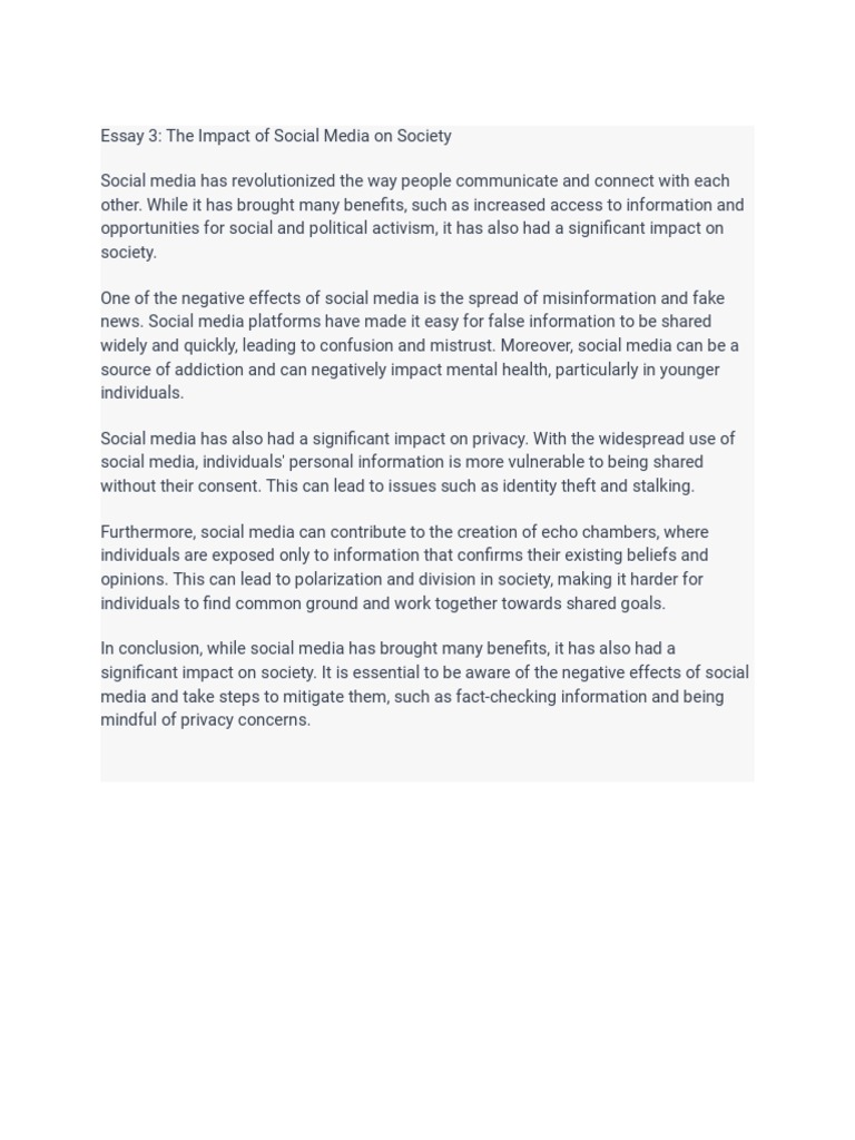 Essay 3_ the Impact of Social Media on Society Social Media Has ...