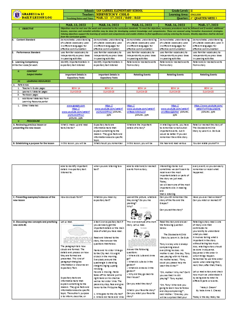 DLL English Q3 W5 | PDF | Teachers | Learning