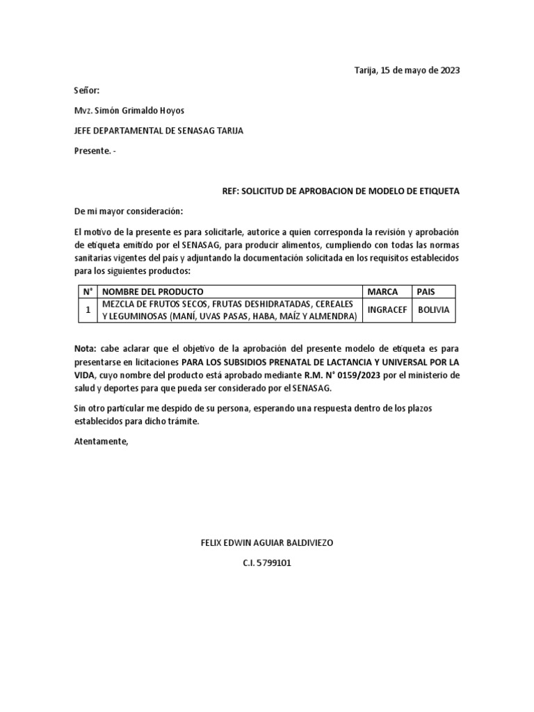 CARTA DE SOLICITUD DE APROBACION DE MODELO DE ETIQUETA (2) | PDF