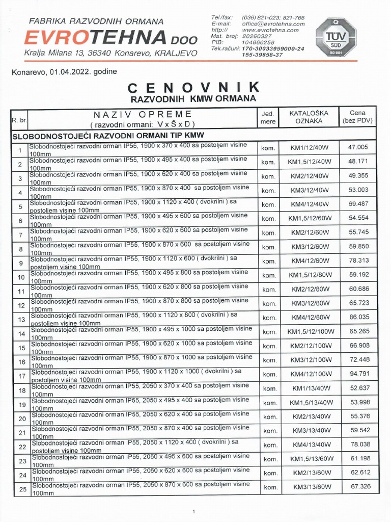 Cenovnik KM-W 01.04.22. Din | PDF