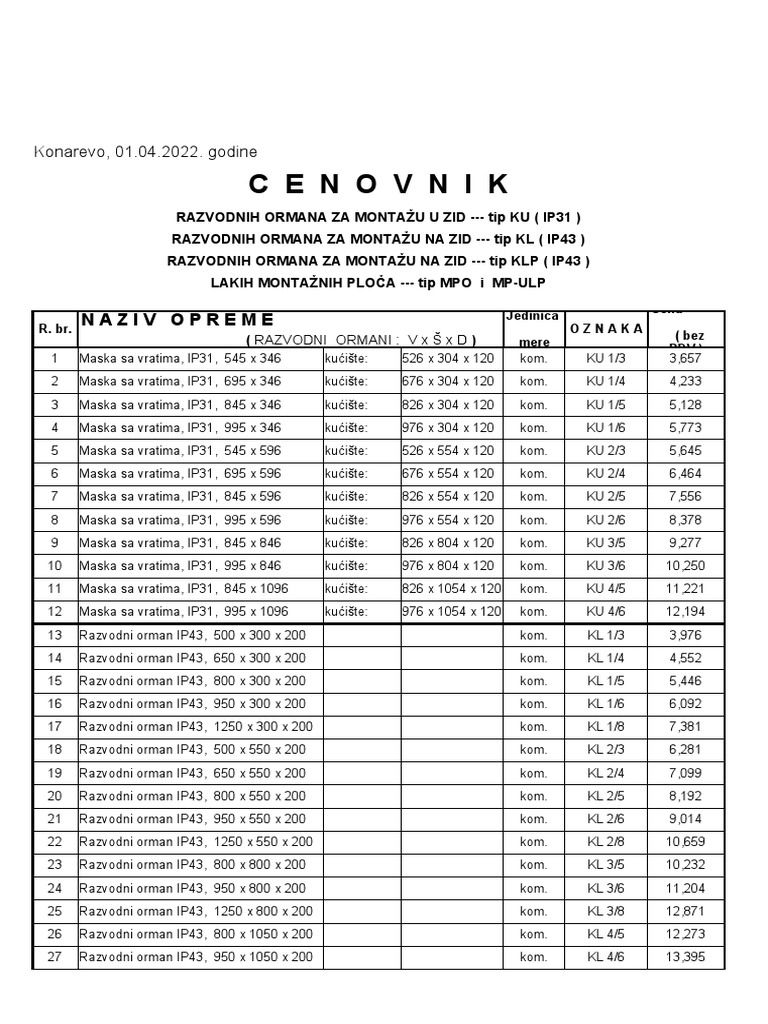 Cenovnik Ku, KL, KLP 01.04.22. Din | PDF