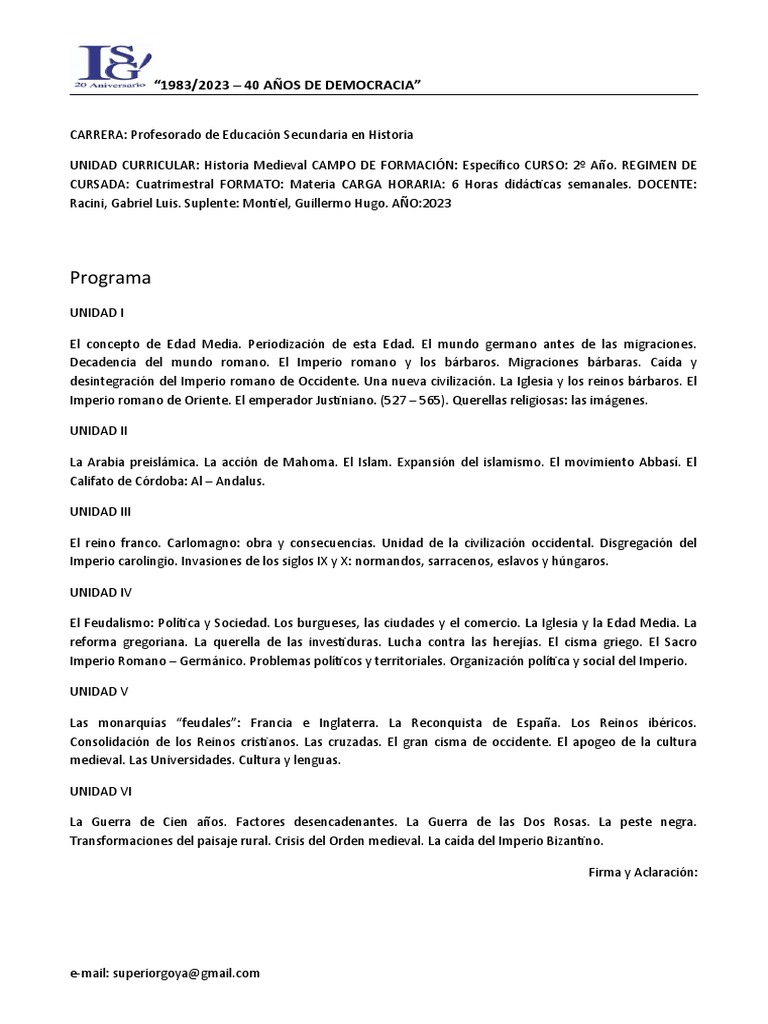 Historia Medieval - Programa 2023 | PDF | imperio Bizantino | Europa