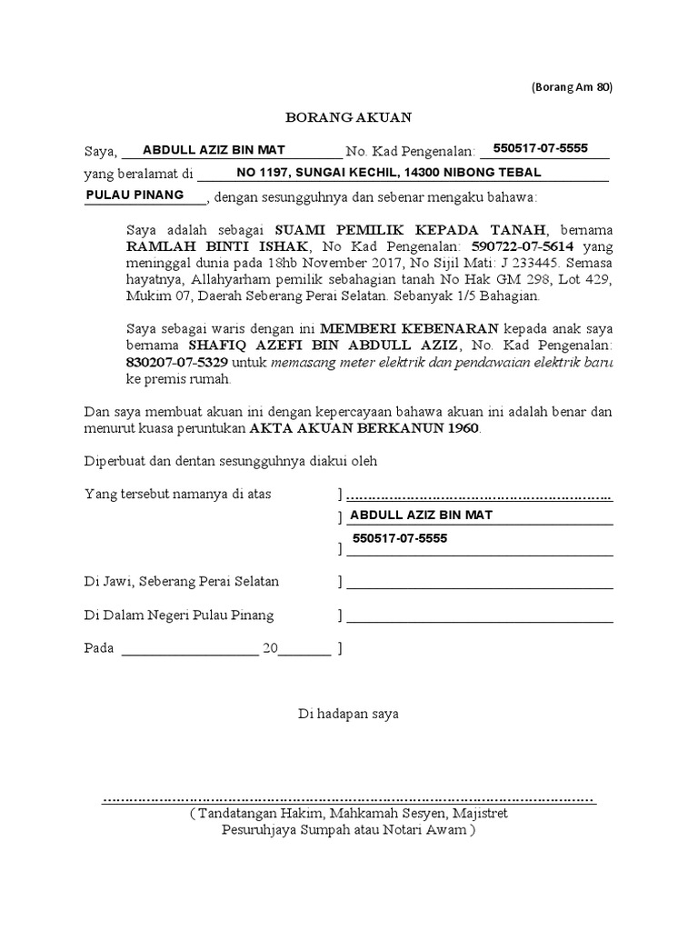 Borang Am 80 (Surat Akuan Sumpah) B | PDF