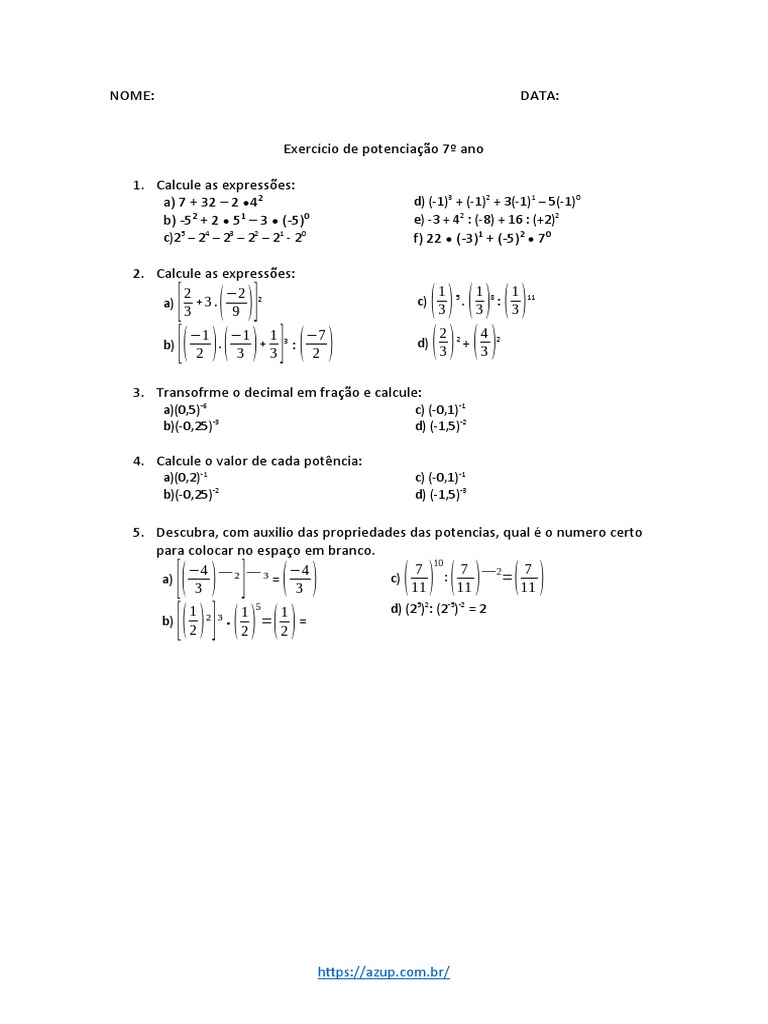 Exercício-de-potenciação-7º-ano | PDF | Aritmética | Matemática elementar