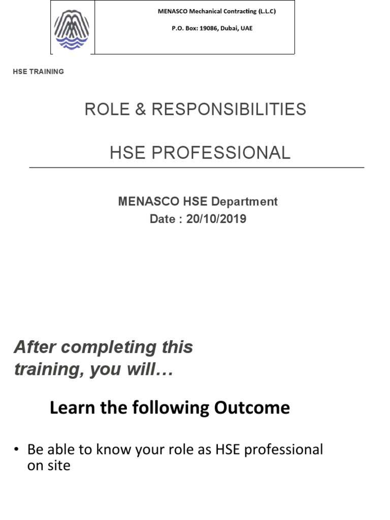 Menasco HSE Training-Role of HSE Professional | PDF | Safety | Business