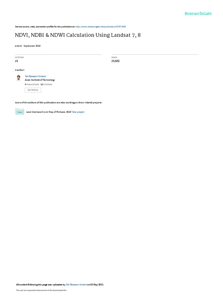 NDVI, NDBI & NDWI Calculation Using Landsat 7, 8: September 2018 | PDF ...
