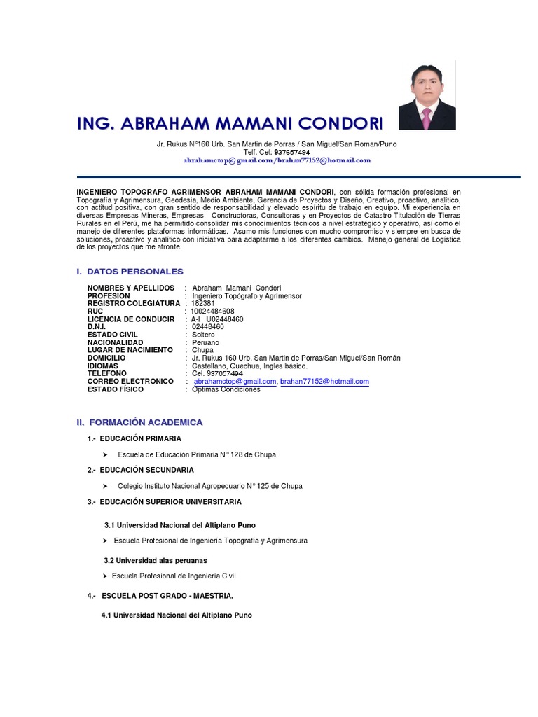 Cv. de Abraham Mmani Condori | PDF | Geodesia | Perú