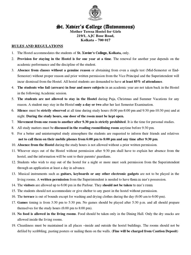 SXC Girls Hostel Rules 2022 23 | PDF