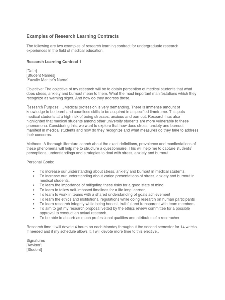 Examples Of Research Learning Contracts Pdf Occupational Burnout