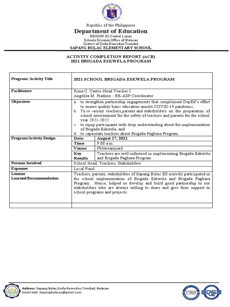 ACR SCHOOL BRIGADA ESKWELA PROGRAM | PDF