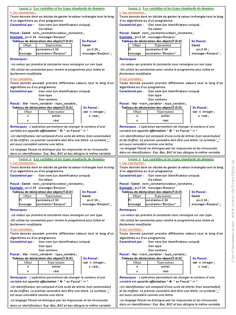 Fiche Variable Constante | PDF | Variable (informatique) | Ingénierie informatique