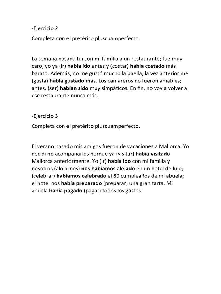 Pretérito Pluscuamperfecto - Ejercicios | PDF