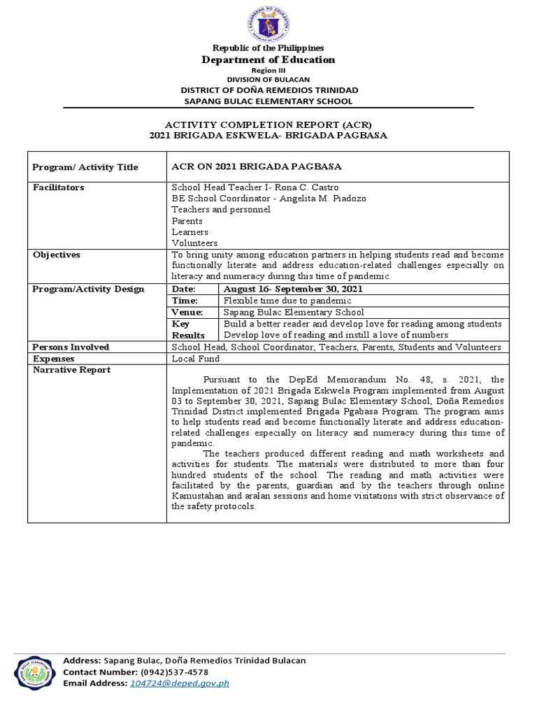 ACR BE Brigada Pagbasa | PDF | Behavior Modification | Learning