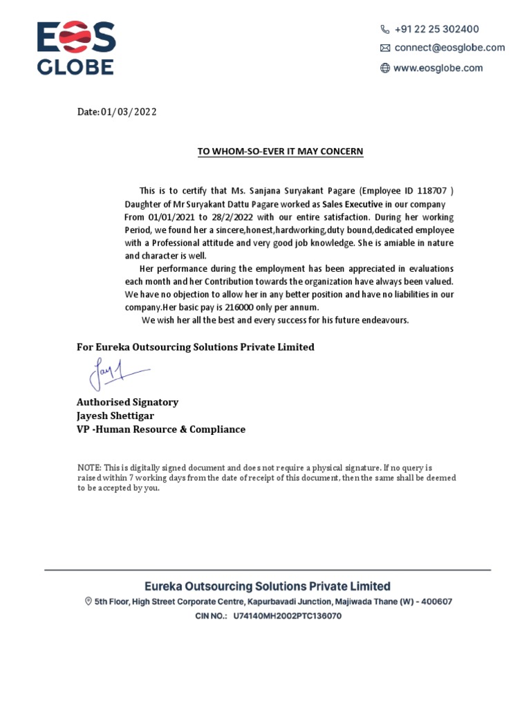 Eos Experience Letter | PDF